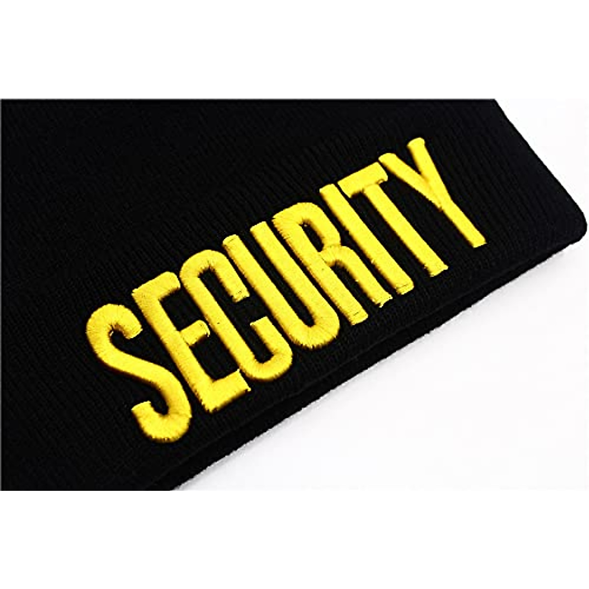NC Men's Security Black with White Yellow Letters Long Knitted Cuffed Beanie Folded Embroidered Beanie Skull Watch Cap Hat (Gold Color)