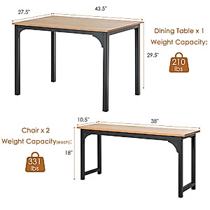 NAFORT 3-Piece Dining Table Set for 4, 43.5" Modern Kitchen Table Set w/2 Benches & Metal Frame, Space Saving Dining Room Table Set with MDF Wood Board, Ideal for Home, Restaurant, etc.
