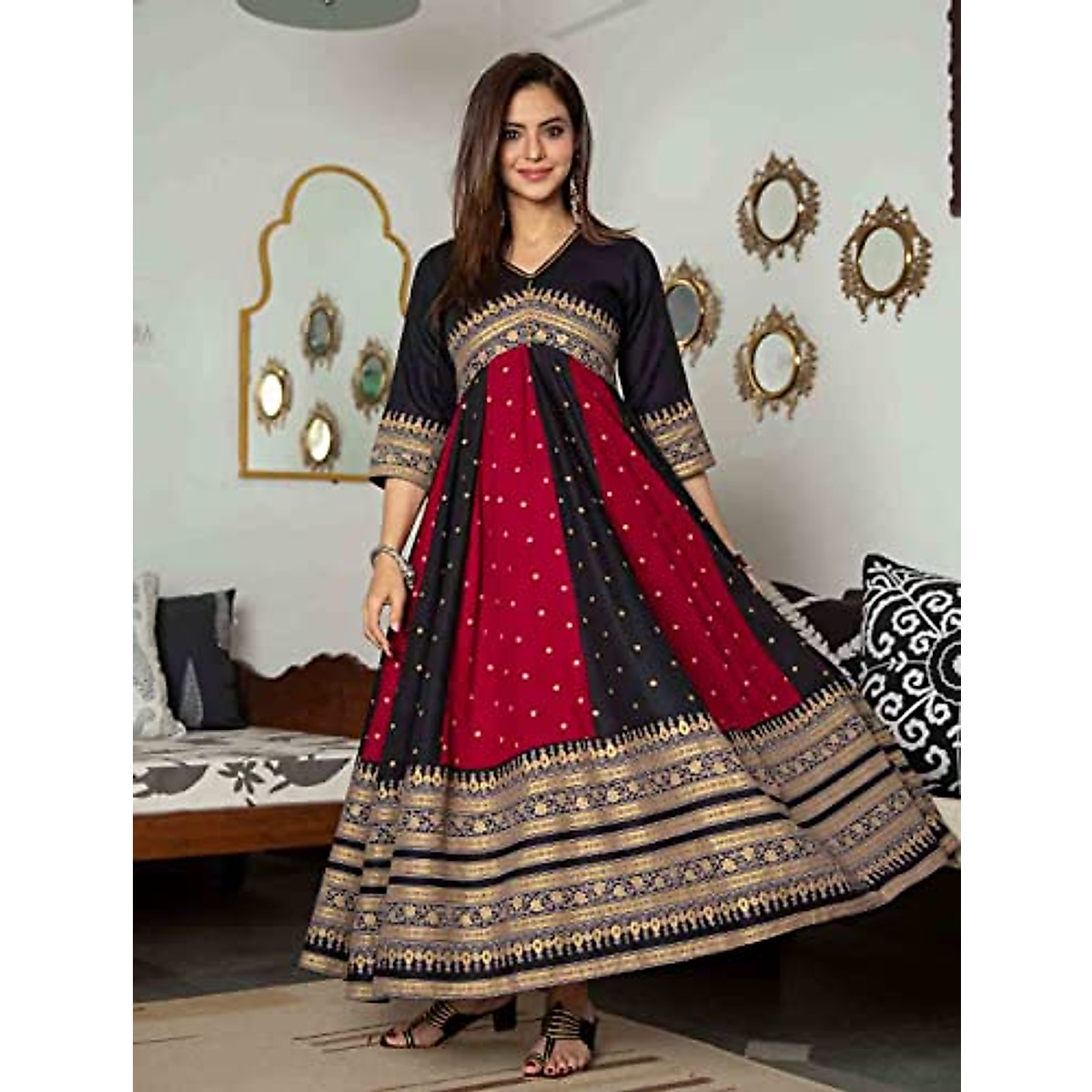 FIDOZA Women's Rayon Printed Anarkali Embroidery Kurti | Pakistani Style Rayon Printed Kurti For Women | Ready to wear (Black, XL)