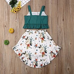 Toddler Baby Girls Ruffle Strap Top+Boho Floral Skirt Summer Outfit Clothes Two Piece Set (Green Crop Top+White Floral Skirt, 3-4T)