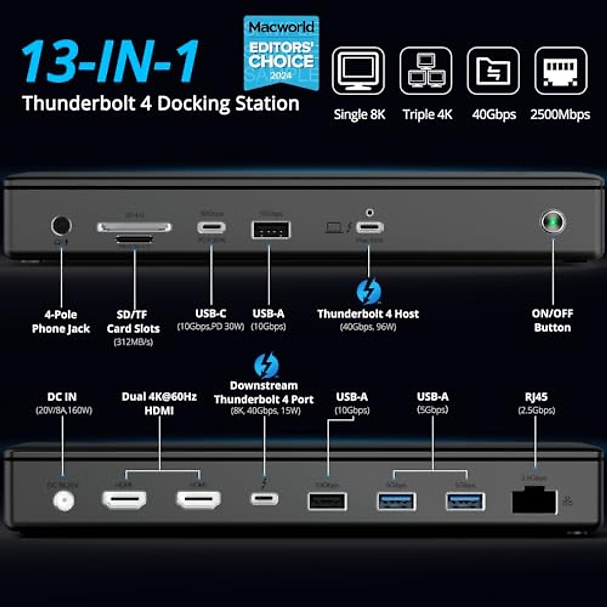 WAVLINK Thunderbolt 4 Hub with Dual HDMI 4K@60Hz,100W Charging, Thunderbolt Certified, 13-in-1 Thunderbolt 4 Dock Dual Monitor Single 8K Output for Windows or Mac, 4X USB, 2.5G Ethernet,SD/MicroSD