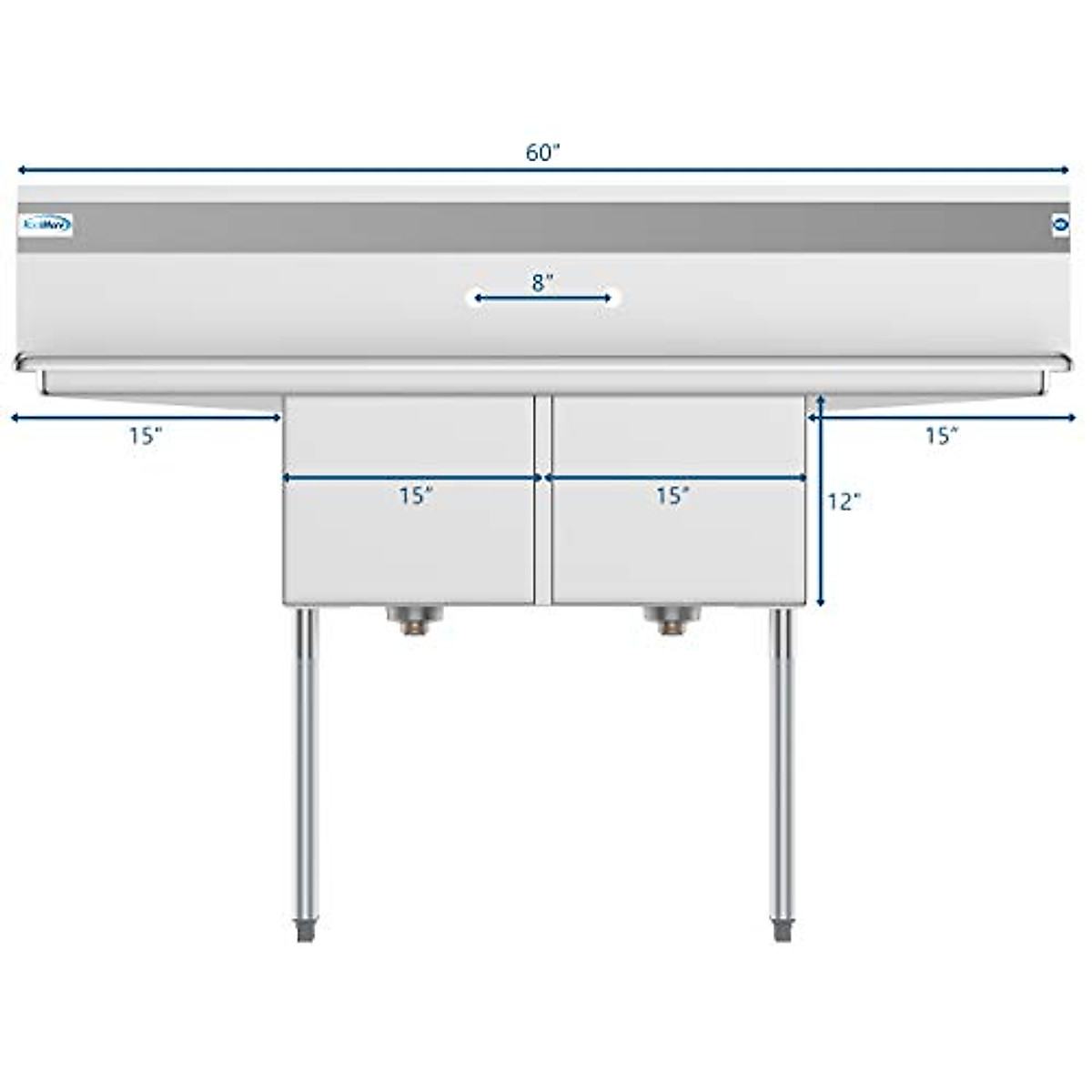 KoolMore 2 Compartment Stainless Steel NSF Commercial Kitchen Prep & Utility Sink with 2 Drainboards - Bowl Size 15" x 15" x 12", Silver,SB151512-15B3