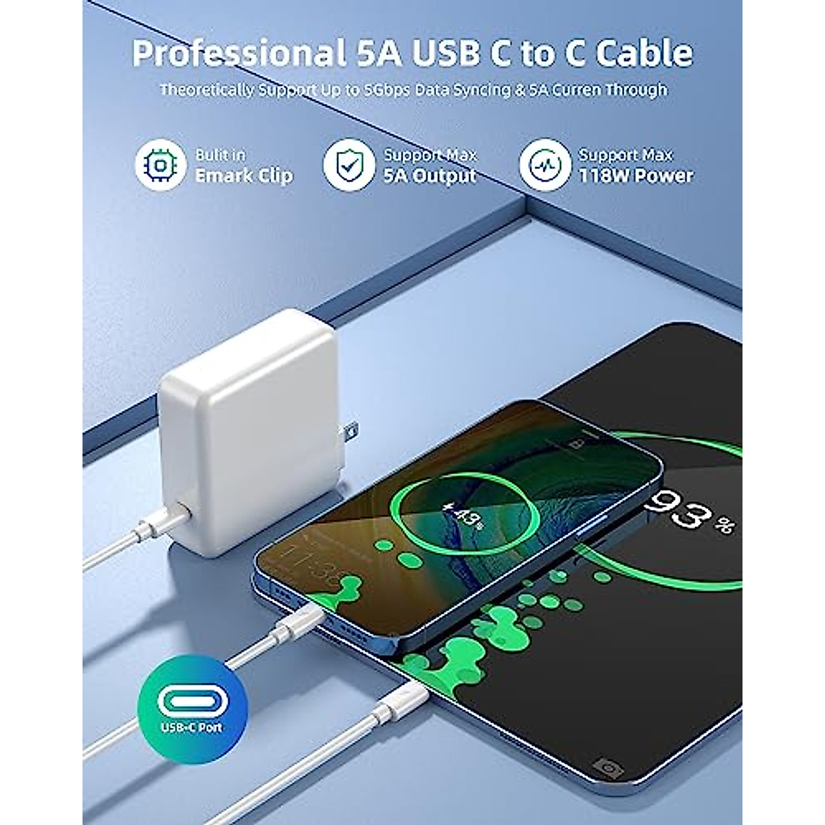 Mac Book Pro Charger - 118W USB C Fast Charger Power Adapter Compatible with USB C Port MacBook Pro, MacBook Air, New iPad Pro and All USB C Device, 7.2ft USB-C to C Charge Cable, White