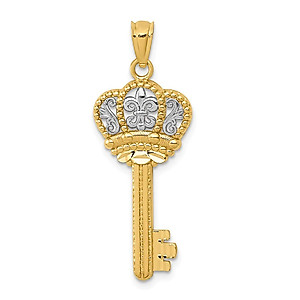 Solid 14k Yellow Gold Two Toned Fleur De Lis Crown Emperor Royal King Queen Key Charm Pendant - 31mm x 12mm