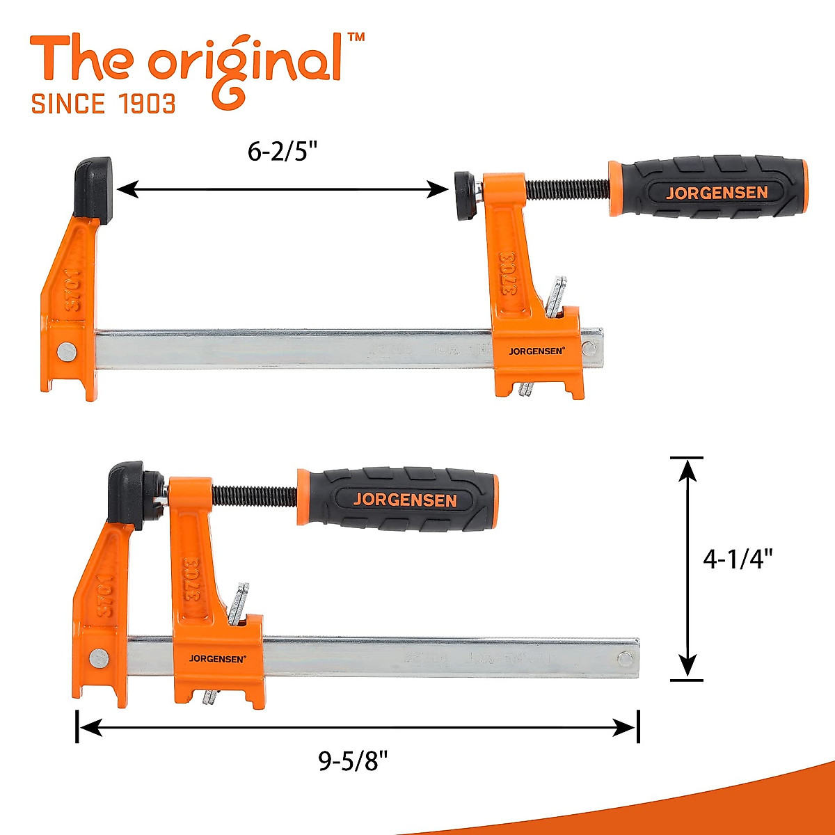 Jorgensen 6” Bar Clamp Set, 2-Pack Steel F Clamp Light Duty, 300 lbs Load Limited, for Woodworking, Metalworking, DIY