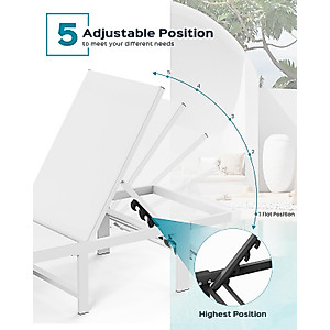 Aluminum Chaise Lounge Chair Outdoor, Patio Lounge Chair with Adjustable 5-Position Recliner and Full Flat Tanning Chair for Patio, Beach, Pool, White