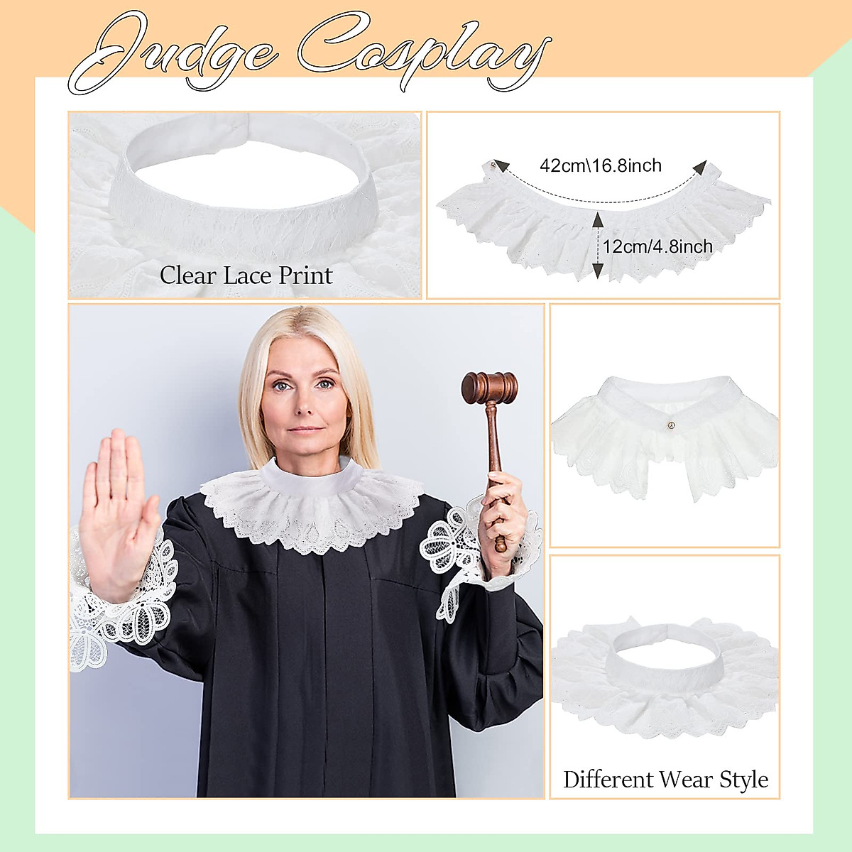 3 Pieces Lace Collar and Cuff Set Halloween Costume Detachable Ruffle Dickey Collar Fake Pleated Blouse Collar Floral Lace Wrist Cuff False Sleeves for Women Dress Cosplay