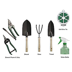 Garden Hand Tool Set with Canvas Tote, Ultimate Gardening Tools Kit, Branch Pruner & Snip, Shovel, Rake, Trowel, Soft Wire Tie and Water Bottle in a Durable Canvas Tote