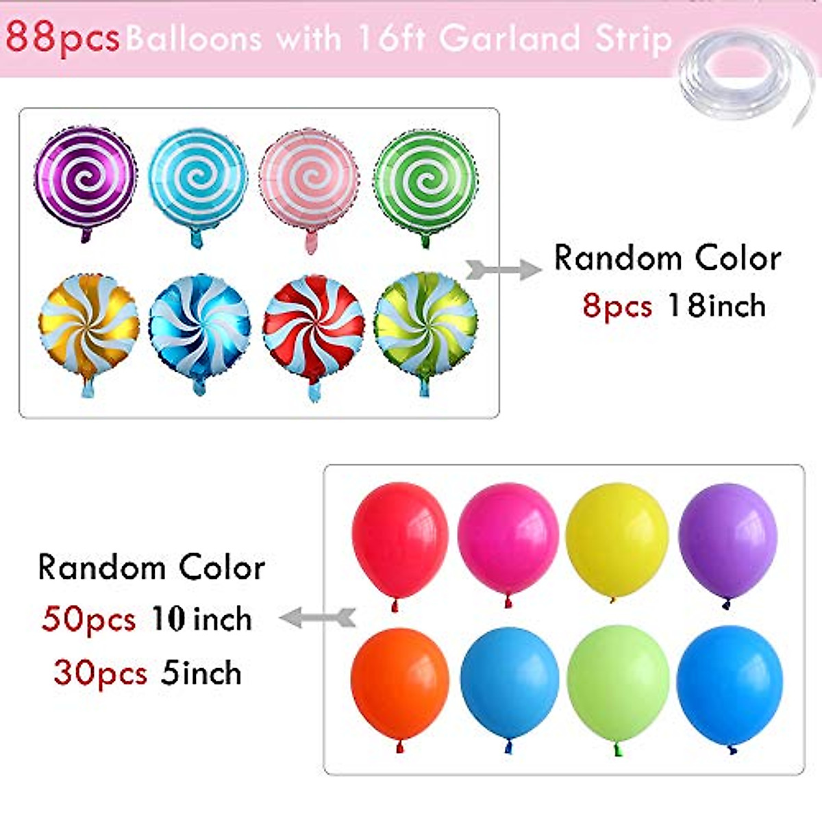 GIHOO Sweet Candy Balloon Garland Arch Kit, 90pcs 18inch Lollipop Foil Balloons, 5/10inch Rainbow Latex Balloons for Christmas Candyland Kids Birthday Party Baby Shower Decorations