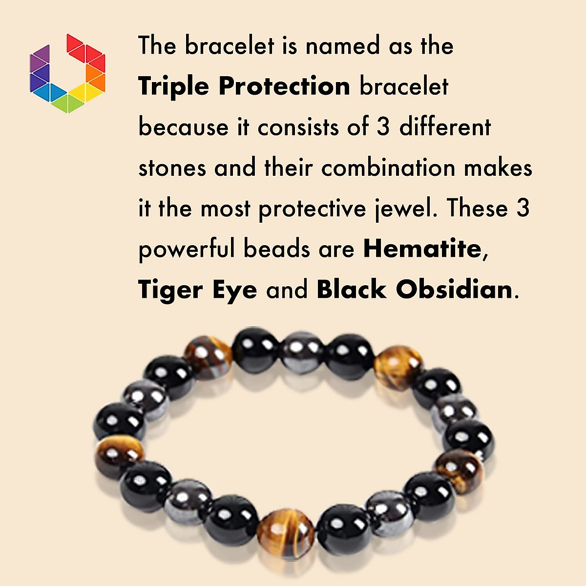Handmade Bracelets for Women, Men Triple Protection Bead Bracelet -10 mm Hematite, Black Obsidian, Tiger Eye Jewelry Protection - Healing Stone Bead Bracelets for Women and Men Black Obsidian Bracelet