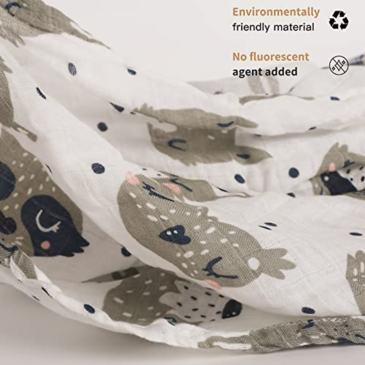 Viviland Muslin Baby Swaddle Blankets, Bamboo Cotton Soft Nursery Swaddle for Newborn Boys and Girls, Gender Neutral Receiving Blankets for Infants, Raccoon & Fox Pattern, 47 * 47 inches 4 Pack