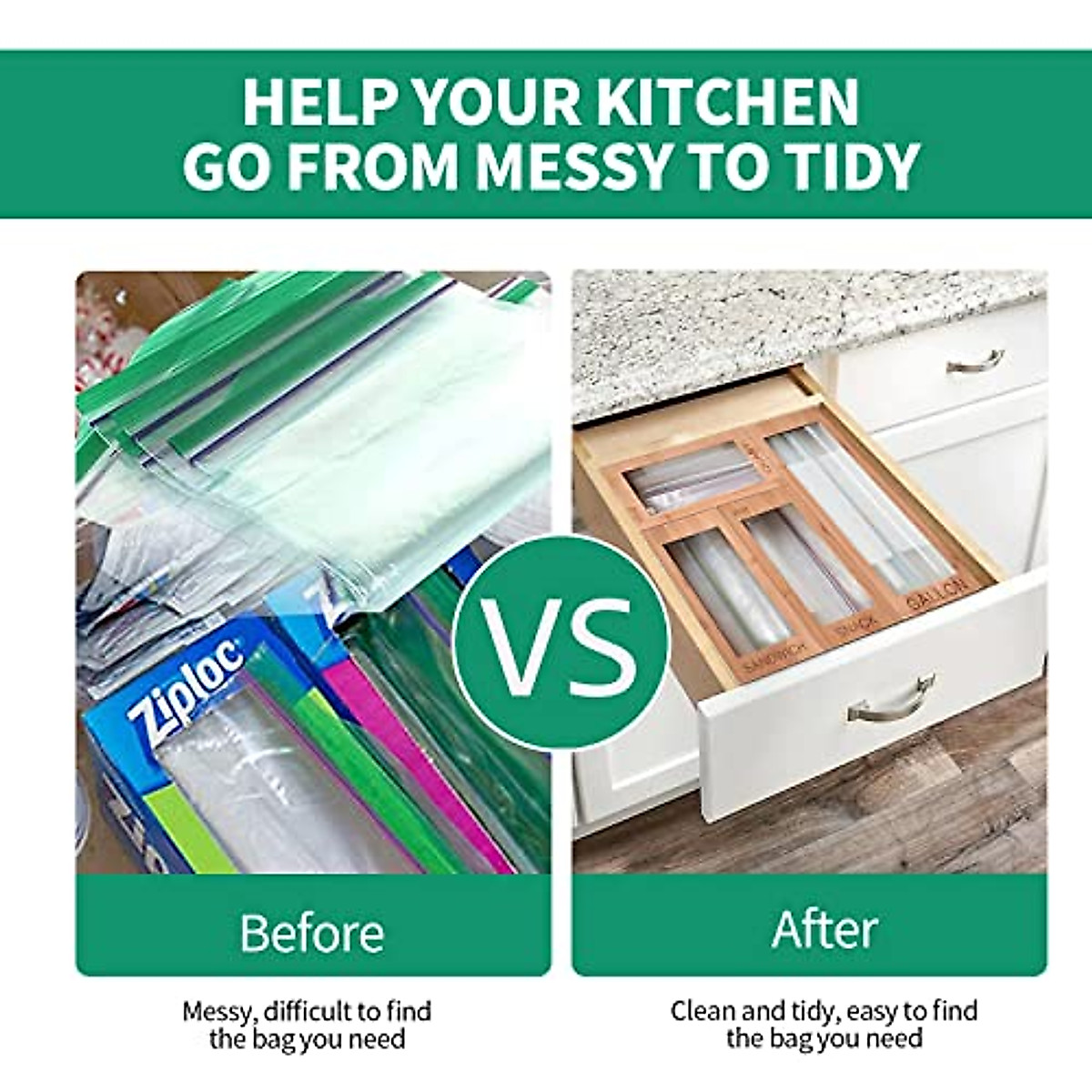 Adelaide Ziplock Bag Storage Organizer For Kitchen Drawer, Bamboo Baggie Holder, Compatible With Ziploc, Solimo, Glad, Hefty For Gallon, Quart, Sandwich And Snack Variety Size Bags(4 Piece Set)