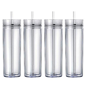 Maars Drinkware Double Wall Insulated Skinny Acrylic Tumblers with Straw and Lid, 16 oz. (4 pack, Clear)