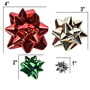 120 Christmas Bows Self Adhesive for Presents Wreaths Wrapping Holiday Gifts Includes Large Medium Small and Mini Sizes in Red Green Silver and Gold 24 of 4", 30 of 3", 30 of 2",and 36 1" Bows