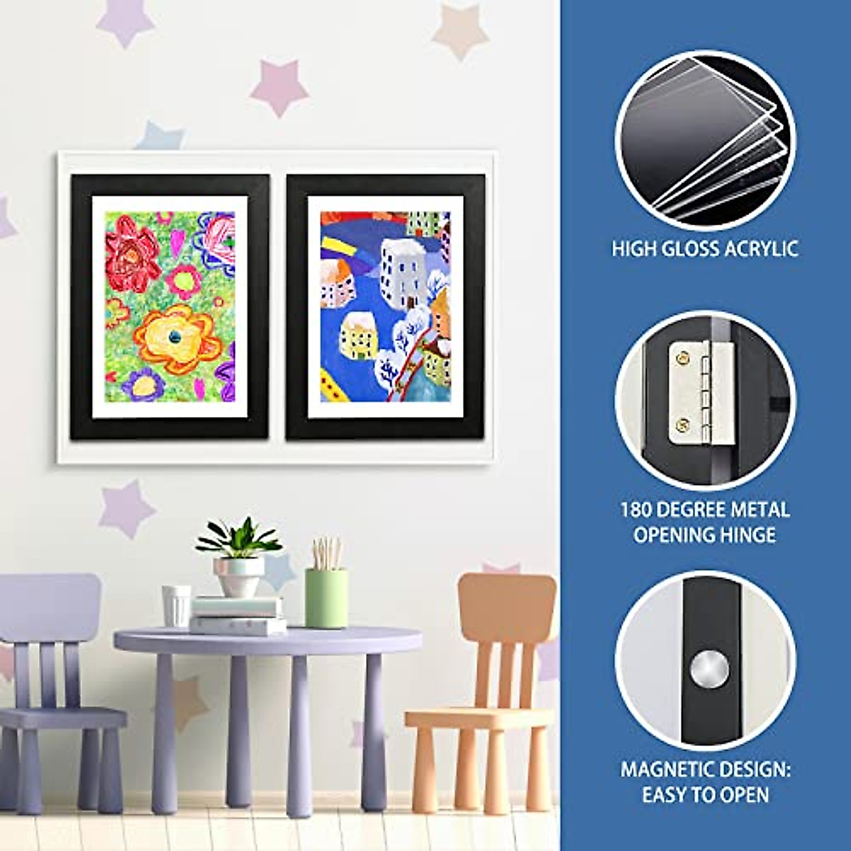 Kids art frame front opening holds 150 A4, Kids artwork display frame interchangeable, Storage 3D Picture Display, Children Art Projects, Schoolwork, Crafts, Drawing 11.8''x8.3''x0.78'' (2pcs black)