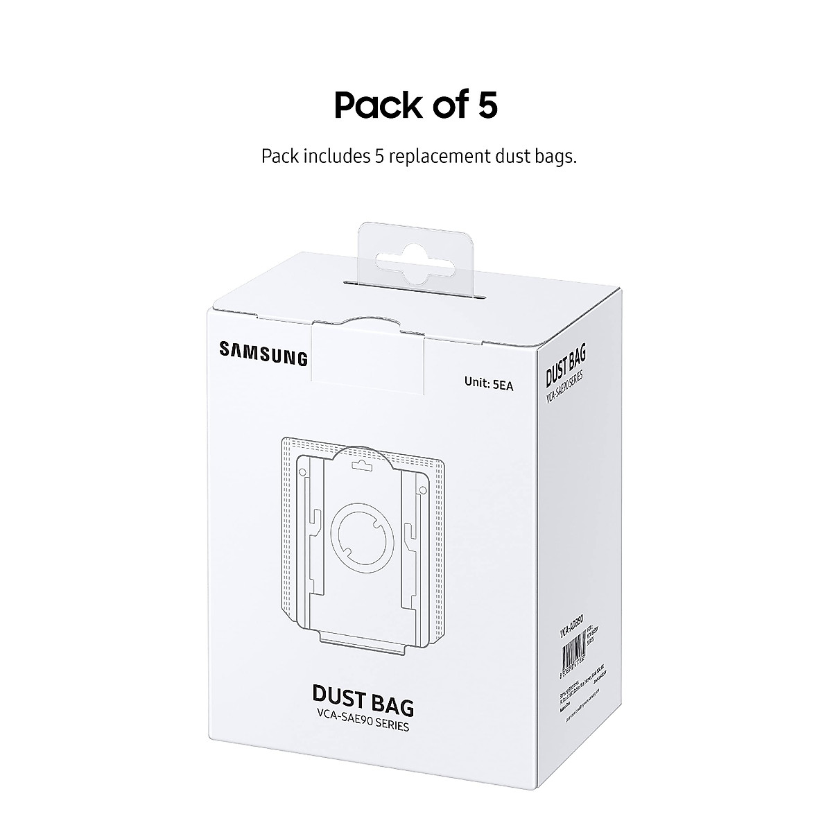 SAMSUNG Clean Station Dust Bags, Pack of 5 Replacement Bags for Jet Stick Cordless Vacuum Cleaners, Hygienic Floor Cleaning Solution, VCA-ADB90/XAA, Grey