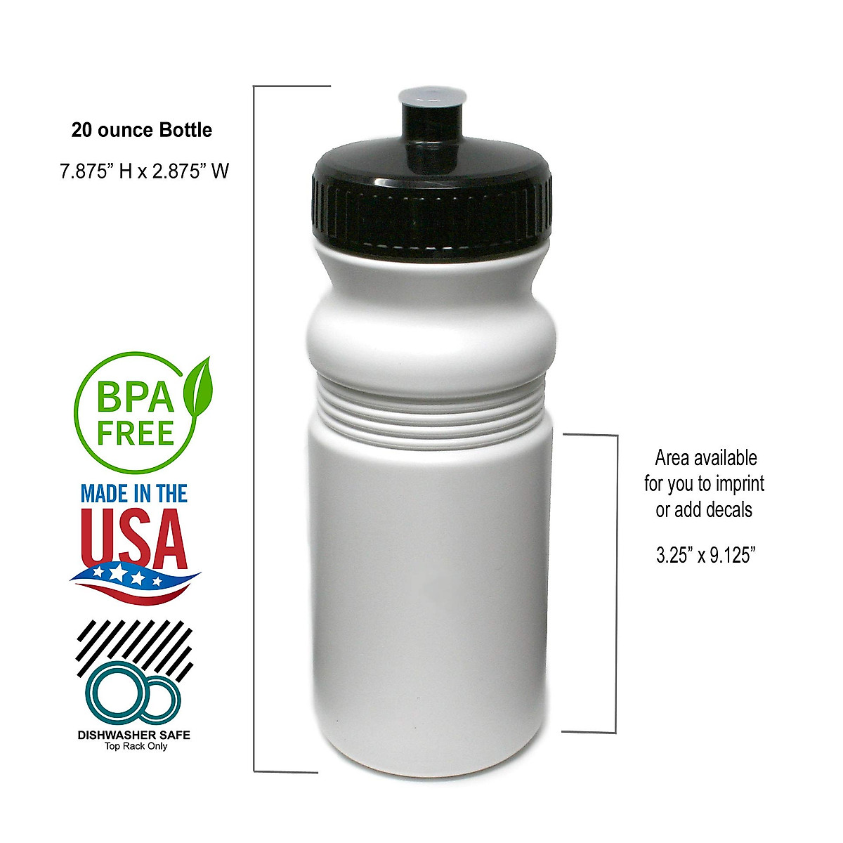 Rolling Sands 20 Ounce Sports Water Bottles 24 Pack, BPA-Free, Made in USA, Dishwasher Safe, White Bottles/Black Lids