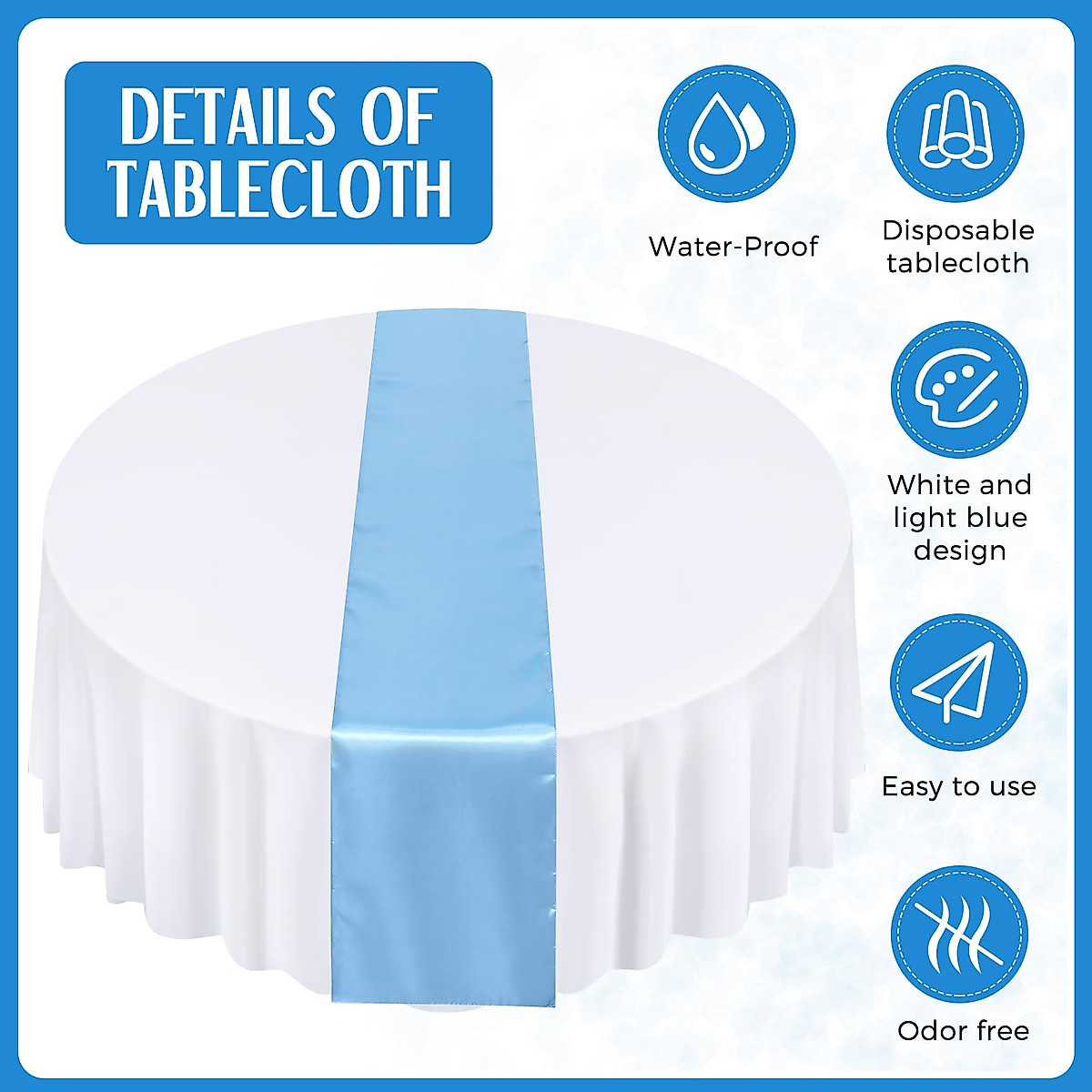 Tudomro 16 Pcs Round Plastic Tablecloth and 12 x 108 Satin Table Runner Set 84" Round Table Covers Circle Plastic Table Cloth for 4th of July Birthday Wedding Party Decoration(White, Light Blue)