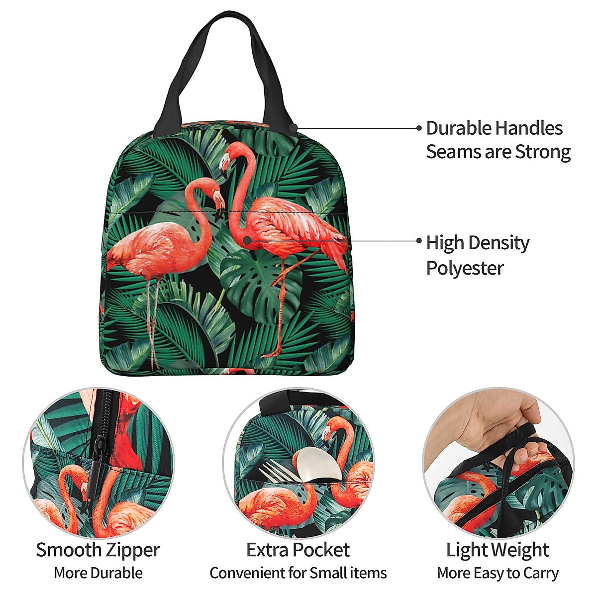 Docsckus Insulated Lunch Bag Water-resistant Cooler Tote Box with Zipper for Women Work Picnic Travel Pink Flamingo Palm