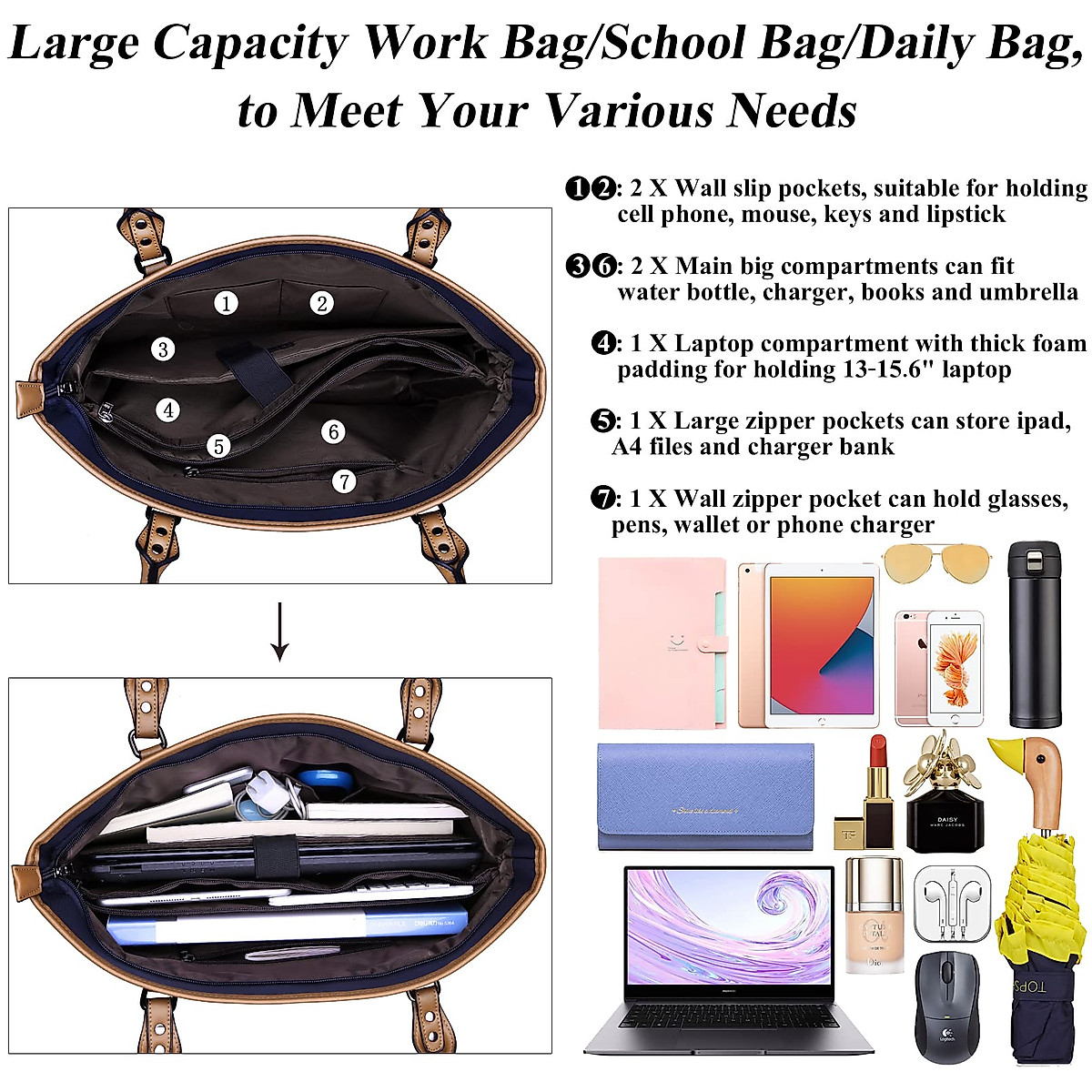 15.6 inch Laptop Bag for Women,Multi Pockets Large Work Bag,Lightweight Water Resistant Nylon Laptop Tote Bag Messenger Bag,Graduation Gifts,Blue