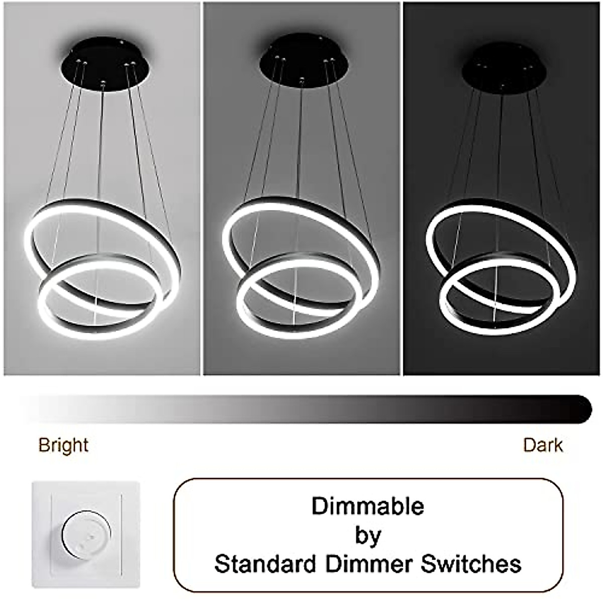 Viruhaka Dimmable LED Pendant Light Dining Room 50W LED Modern Chandelier Black Living Room 2 Ring Pendant Lighting Entryway with 59in Cord Adjustable,6000K Daylight