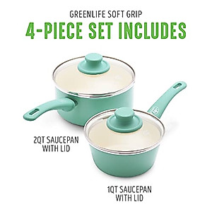 GreenLife Soft Grip Healthy Ceramic Nonstick, 1QT and 2QT Saucepan Pot Set with Lids, PFAS-Free, Dishwasher Safe, Turquoise