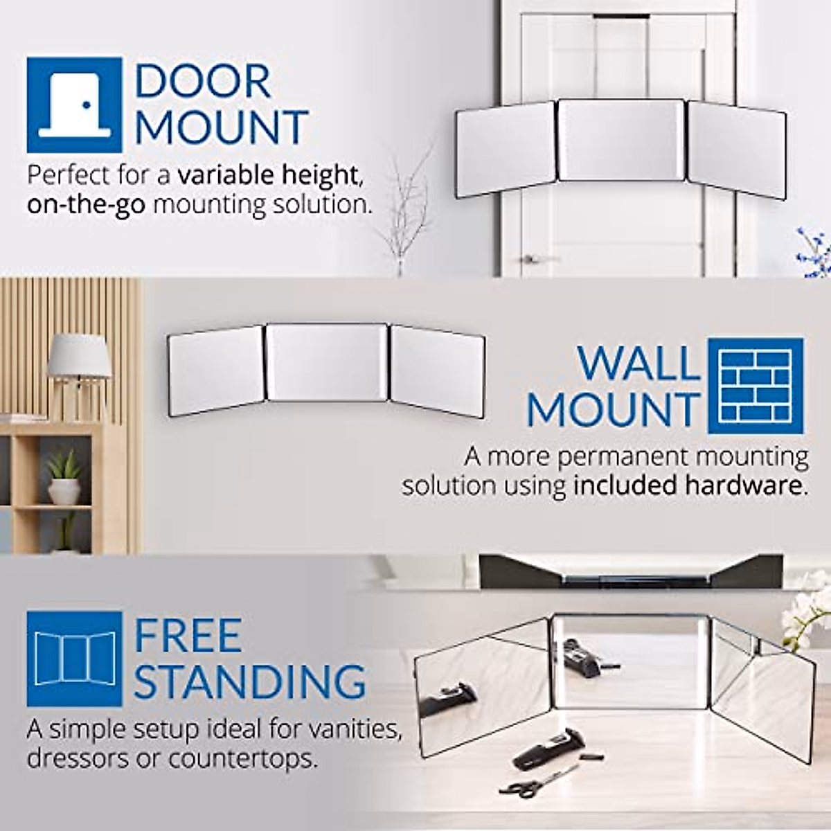 Bluelilly Co. 3 Way Mirror for Makeup & Hair Styling LED Lighted Mirror Portable 360 View Mirror for Braiding