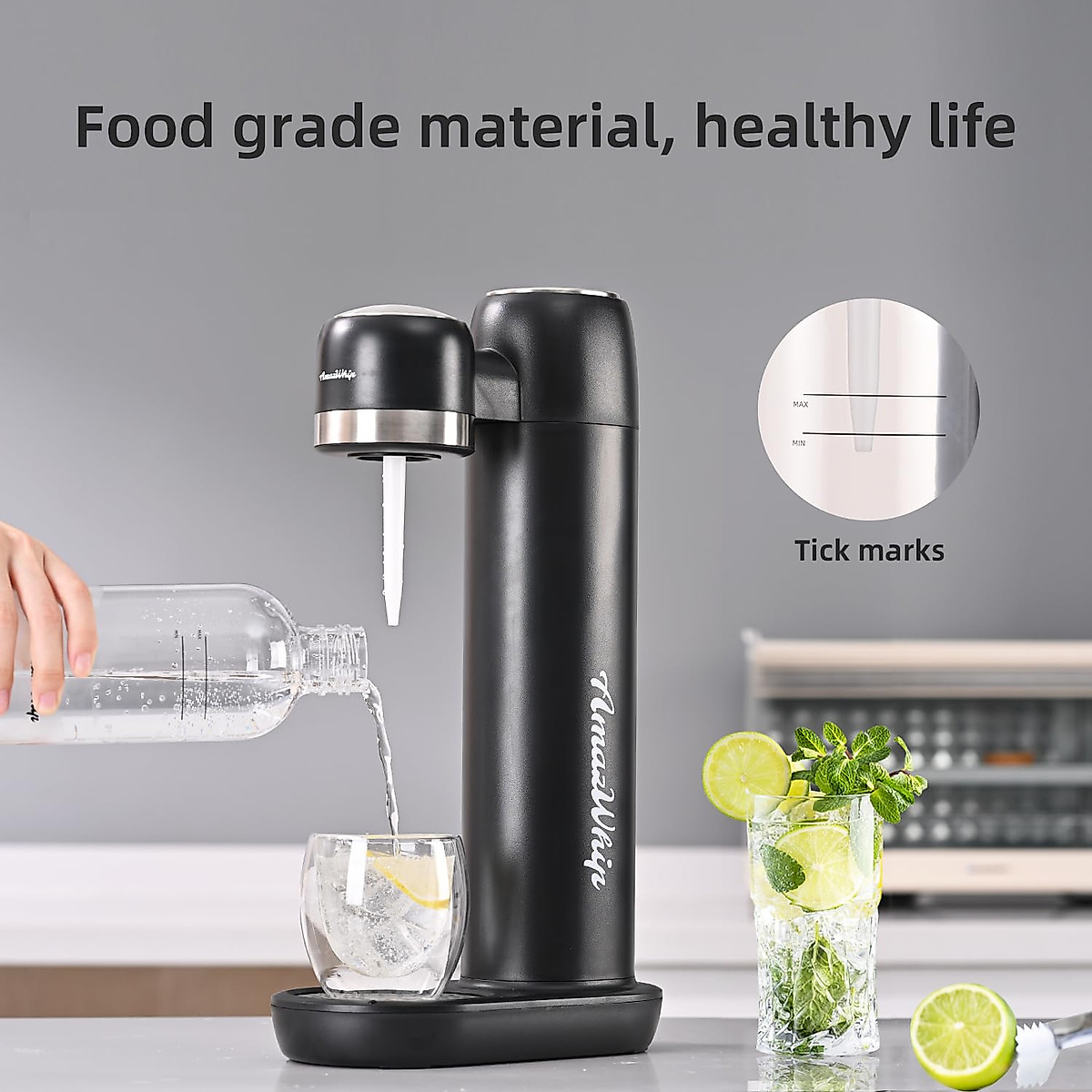 AmazWhip sparkling water maker, paired with CO2 gas canisters and 1L water bottles for Household soda water (Black+ 2 caniters)