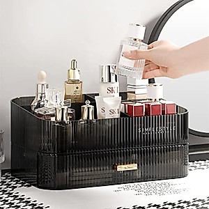 CESTATIVO Makeup Organizer with Stackable Drawer, Skincare Cosmetics Organizer, Bathroom Vanity Organizer and Storage, Large Capacity Organizer for Dresser Countertop, Clear Black