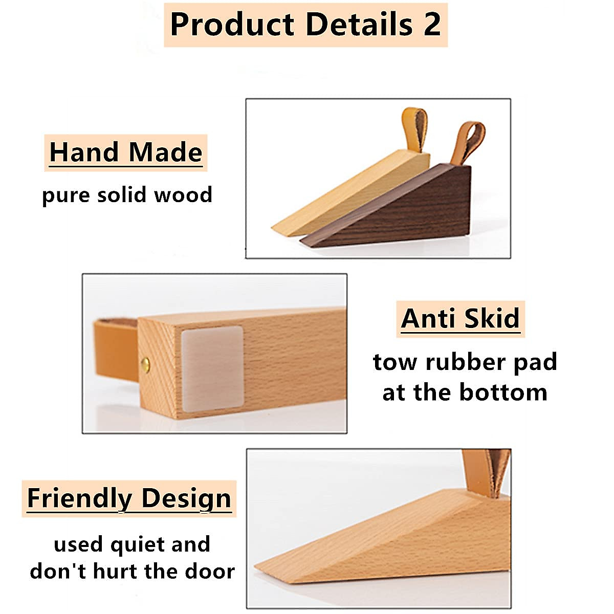 Door Stopper, Soild Beech Wood Doorstop Wedge, Non-Slip Door Stops Wedges, Sturdy and Durable Door Stop Wedge, Security Door Stopper with Leather Band for Hanging (2PCS)