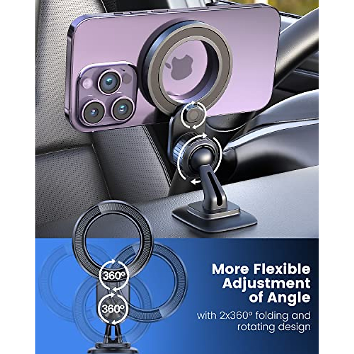 OQTIQ for MagSafe Car Mount Magnetic Phone Holder for Car Dash Mount Phone Holder Fit Curved Surface Flexible Rotation Compatible with iPhone 14 13 12 Pro Max Plus Mini, MagSafe Case, All Cellphones