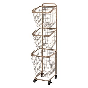 Hagihara KR-3971LT Laundry Rack, Basket, Undressing, Laundry Basket, 3 Tiers, Removable and Stackable, Large Capacity, Laundry Wagon, Wire, Casters, Beige