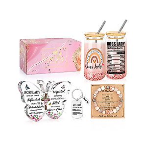 JoycuFF Boss Lady Gifts for Women Best Boss Gifts for Women Inspiration Boss Lady Gifts Set for Female Birthday Retirement Boss's Day Christmas Gifts for Boss Lady 16oz Glass Cup