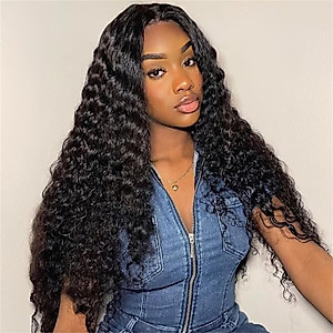 Mairead 28 Inch Long Curly Synthetic Wigs for Black Women Skunk Stripe Wig Side Part Loose Deep Wave Wig Small Lace Front Wigs Natural Looking Crimps Curls Wig
