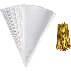100 Pieces Christmas Medium Transparent Cone Bags Cello Bags Sweet Clear Treat Bags with 100 Pieces Twist Ties, 11.8 x 6.3 Inch (Golden Twist Ties)