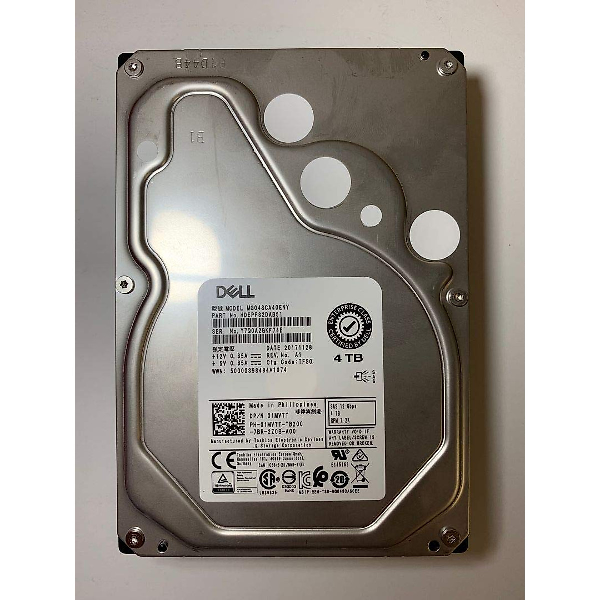 Toshiba 4TB HDD 7.2K RPM 3.5" 12Gb/s SAS Hard Disk Drive Model: MG04SCA40ENY DP/N: 1MVTT