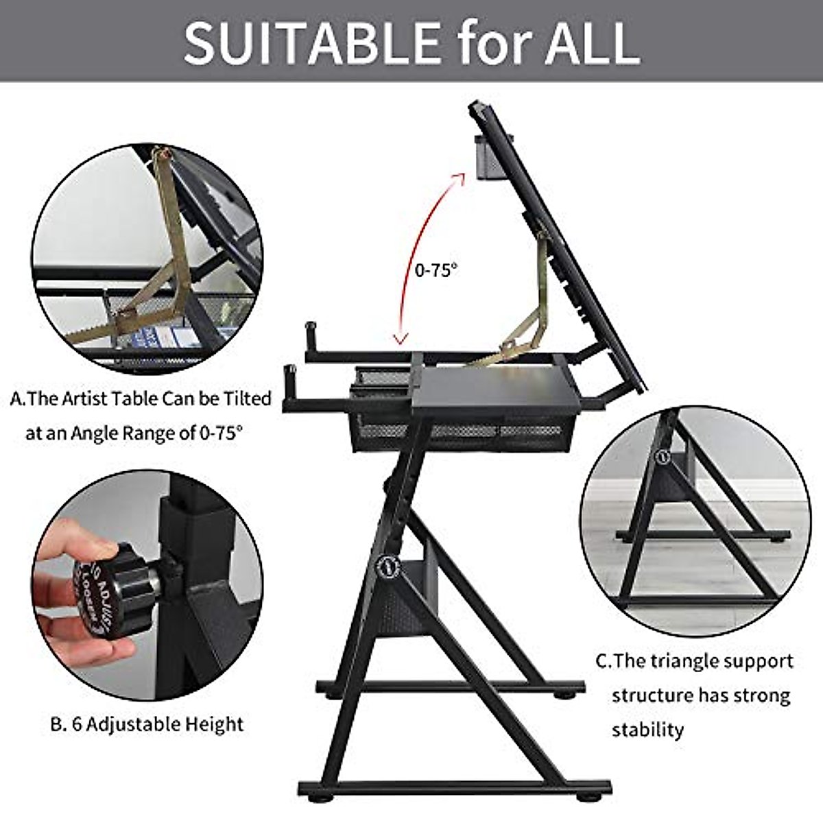 KAAYEE Premium Drawing Draft Table - Height Adjustable Draft Drawing Desk,Up to 72°Tiltable Glass top w/Stool and Drawers for Reading, Writing Art Craft Work Station