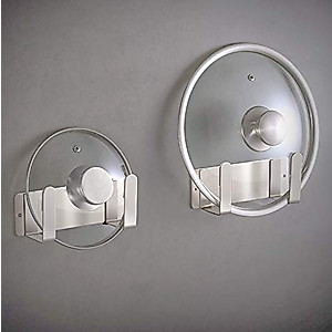 Pot Lid Rack, Wall Mounted 304 Stainless Steel Pan Lid Organizer Holder, 3M Self Adhesive, Kitchen Cooking Utensil Tool (Silver, Set of 2)