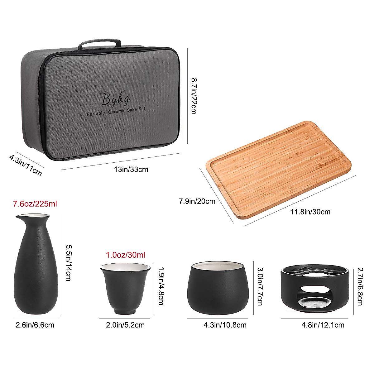 Bgbg Ceramic Sake Set with Warmer Pot Bamboo Tray-Traditional Japanese Pottery Hot Saki Set 11-Piece including 1 Sake Pot,6 Sake Cups，1 Warming Mug，1 Candle Stove, 1 Candle Tea Light Holder and 1 Tray