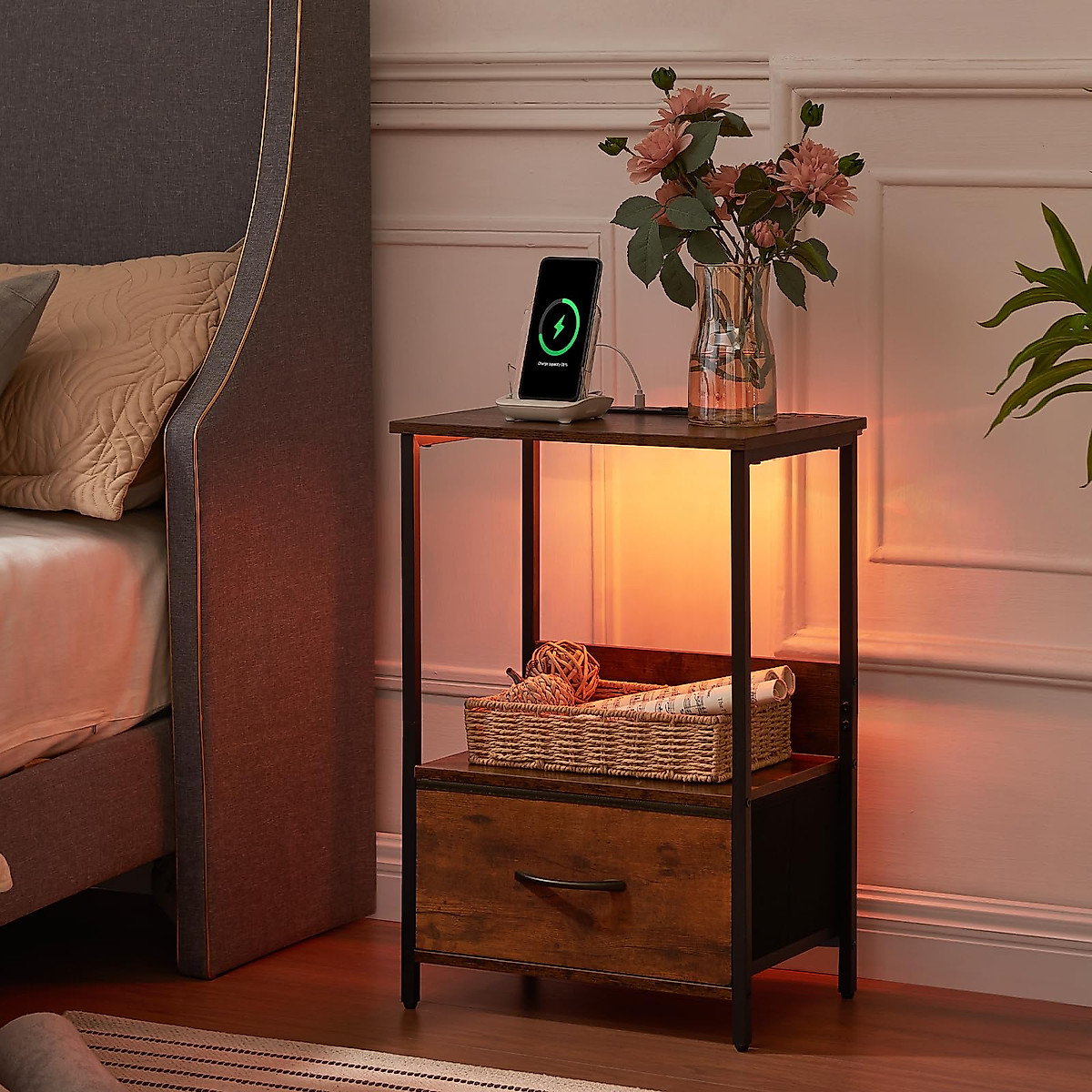 Somdot Night Stand with Charging Station and LED Light for Bedroom, Bedside Table End Table for Dorm Bedside Laundry Closet Entryway Hallway, Wood Grain Print