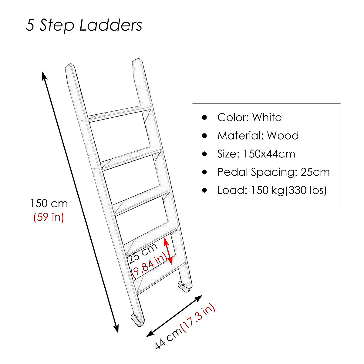 White High-Rise Bed Ladder, Wooden Camper Bunk Bed Ladder with Hooks, Twin/Single Bed Hook-On Step Ladder for Small Space, Load 330lbs