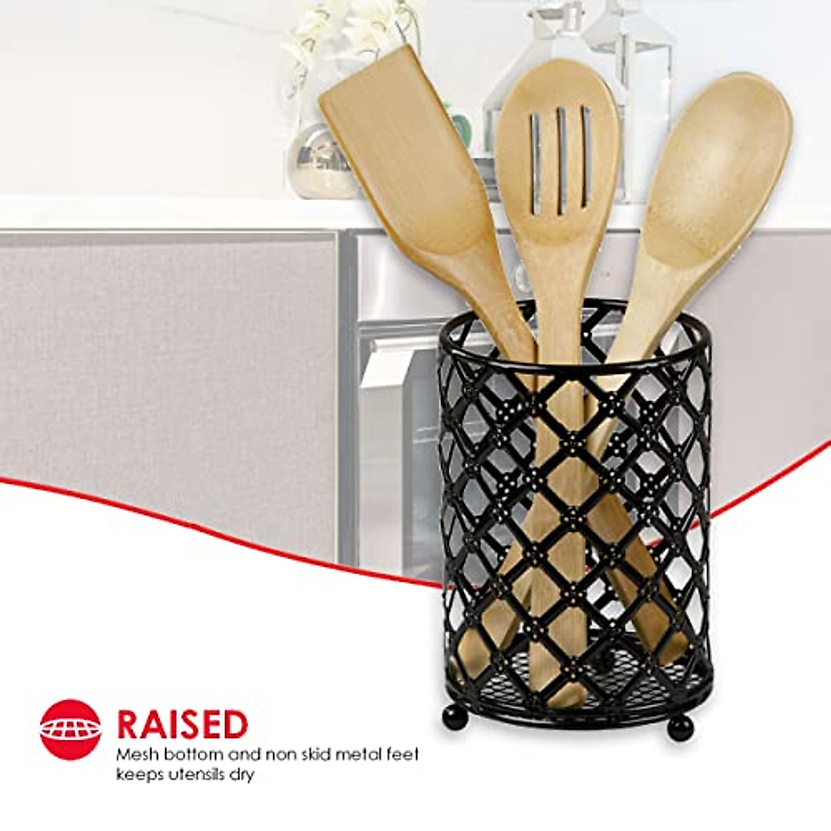 Home Basics Beautiful Heavy Duty Steel Lattice Cutlery Holder, Utensil Organizer, Rust-resistant, Free Standing, Black, 5" x 5" x 7"