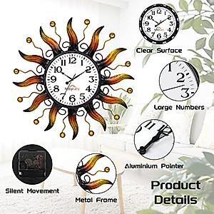 HOBYLUBY 13'' Sun Outdoor Clock, Metal Outdoor Wall Clock Silent Non-Ticking for Patio, Kitchen, Living Room