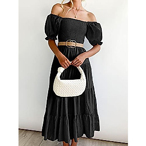 ANRABESS Women's Casual Summer Midi Dress Puffy Short Sleeve Square Neck Smocked Tiered Boho 2023 Spring Dresses for Wedding Bridal Shower 877heise-M Black