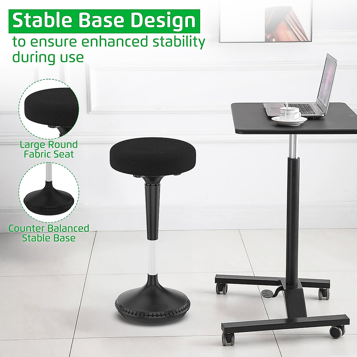Wobble Stool Standing Desk Chair Ergonomic Tall Adjustable Height sit Stand-up Office Balance Drafting bar swiveling Leaning Perch Perching high swivels 360 Computer Adults Kids Active Sitting Black