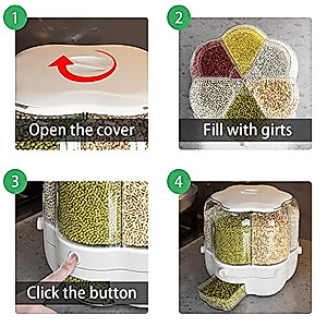 15lb Cereal and Grain Storage Container, 6-Compartment 360°Rotating Dry Food Dispenser with Measuring Cup, Kitchen Lentil Round Storage Container Dispenser for Small Grains, Beans, Rice, Barley,