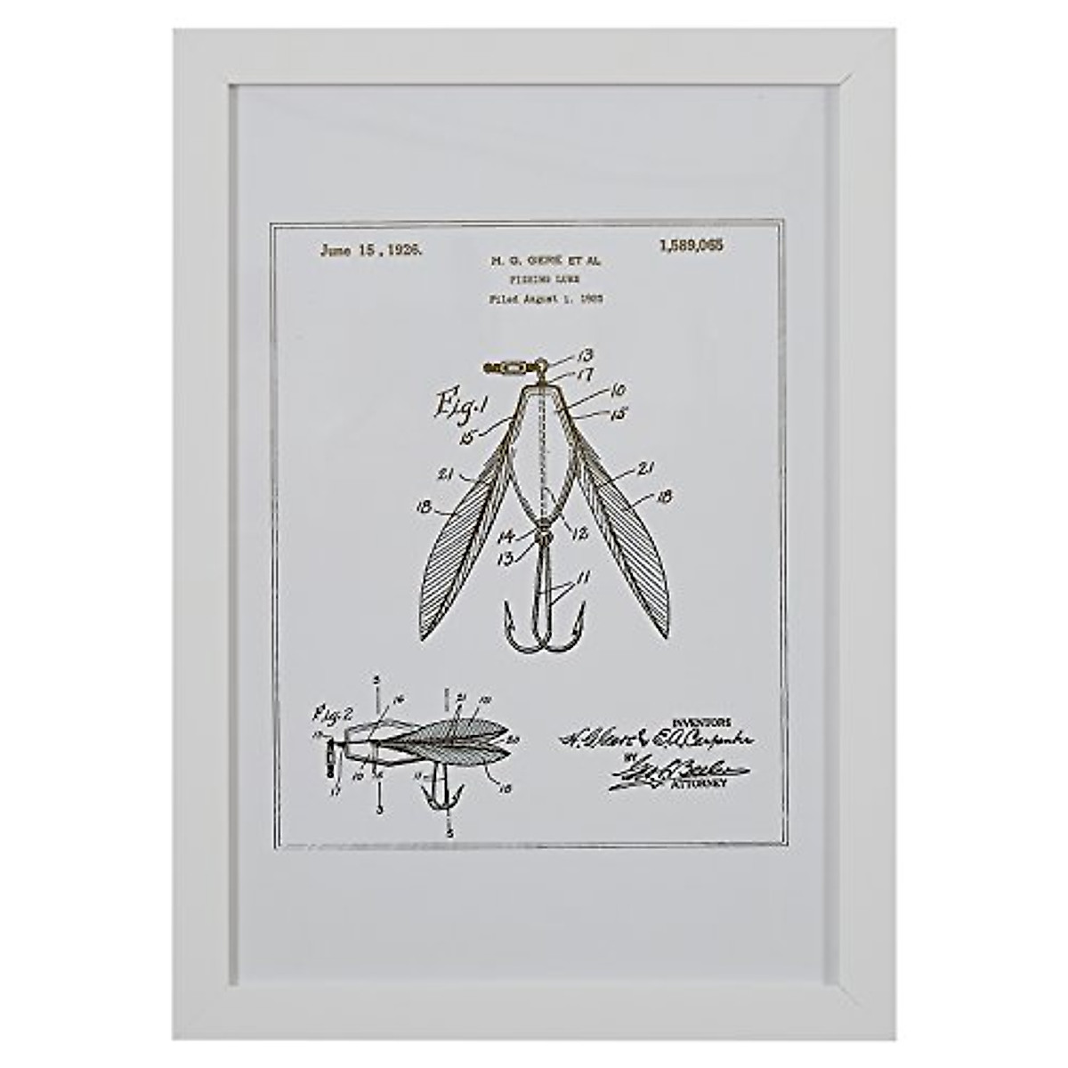 Amazon Brand – Stone & Beam Modern Gold Ink Reprint of Fishing Lure Patent, White Frame, 15" x 21"