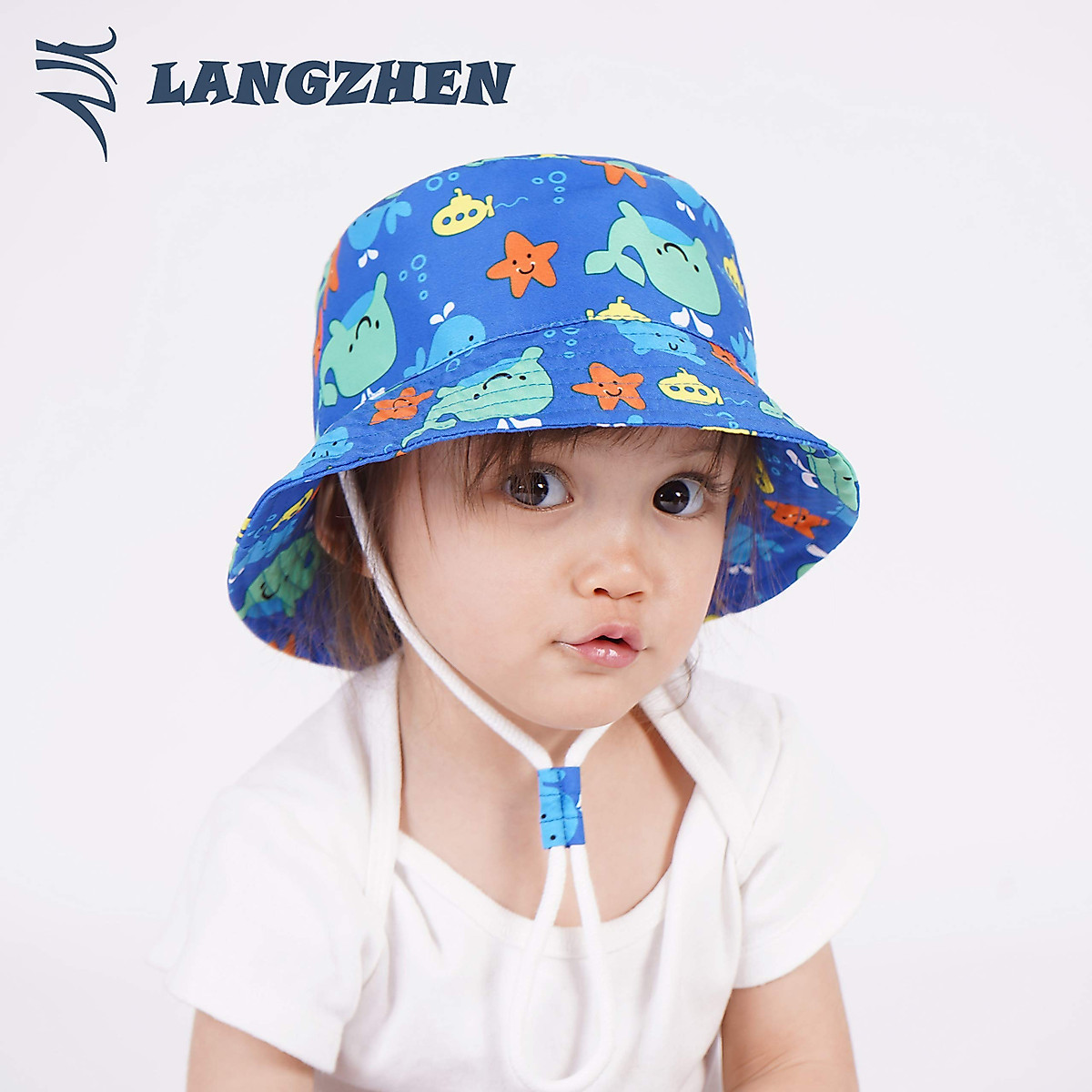 LANGZHEN Sun Protection Hat for Kids Toddler Boys Girls Wide Brim Summer Outdoor hat Baby Bucket Hat with Chin Strap (Blue-Whale, M: 1T-2T (50cm /19.7"))