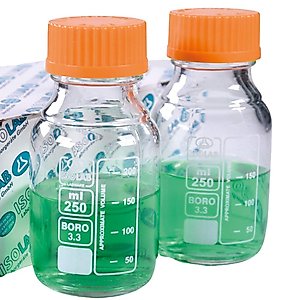ISOLAB USA – Round Media Storage Bottle, 250ml, with GL 45 Screw Cap, Borosilicate 3.3 Glass, Pack of 2