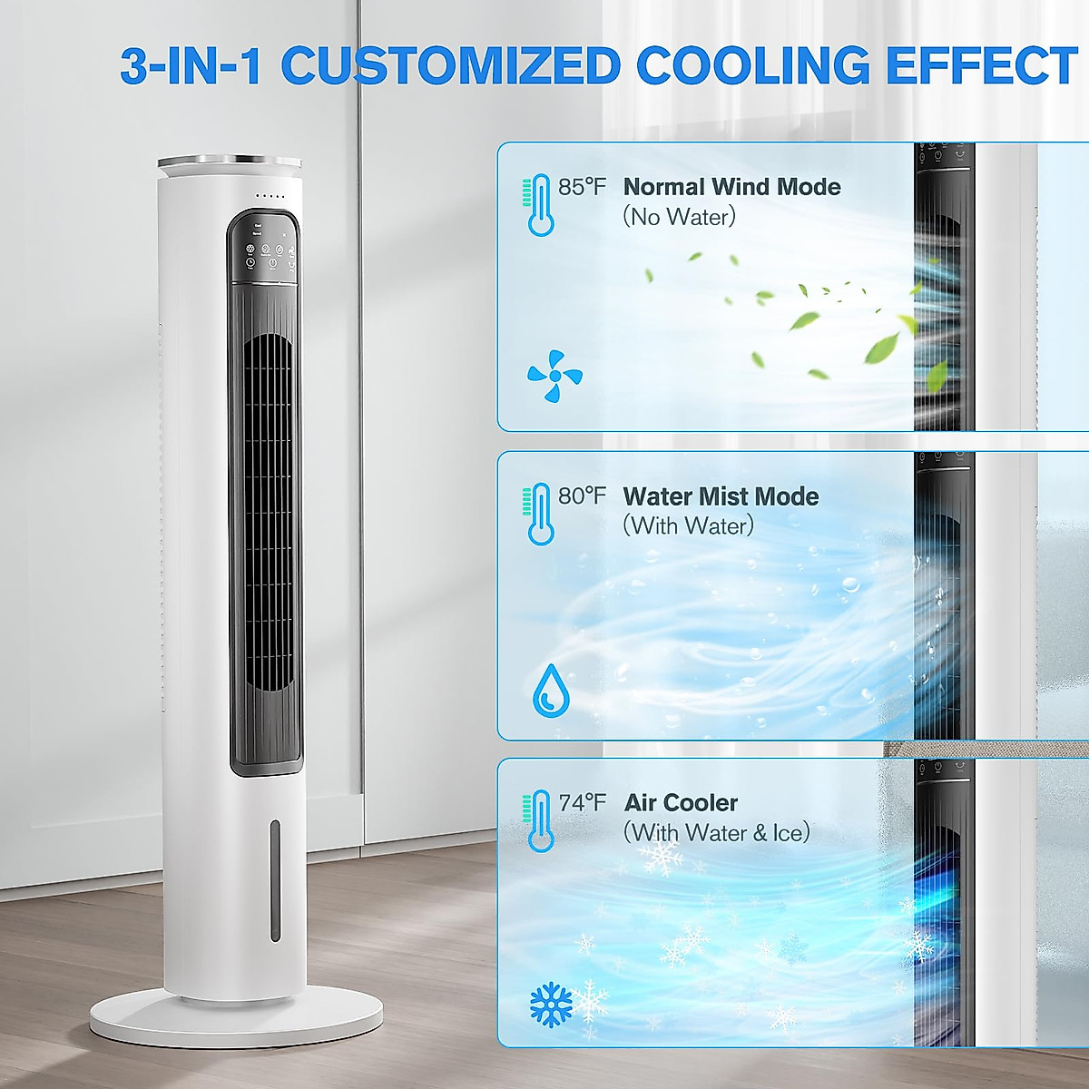 3-IN-1 Portable Air Conditioners Tower Fan, 37'' Evaporative Air Cooler w/Remote, 2.5L Water Tank With 4 Ice Packs, 12H Smart Timer & 70° Oscillating, 3Speeds For Bedroom Living Room Office